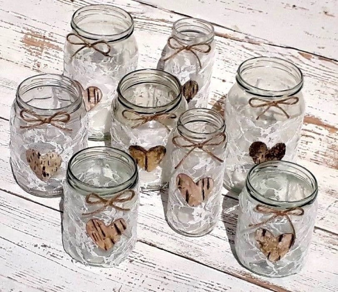 8 Wedding Lights Vintage Look Jars Beautiful Lace Handmade Hessian ...