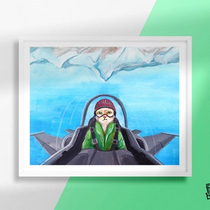 Top Gun Cat Art Print 8x10, Feline Fighter Pilot Painting, Cute Pop ...