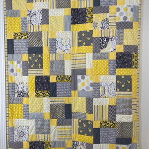 Handmade Baby Quilt, Yellow Gray Cotton Patchwork, 'I Love You' Backing ...