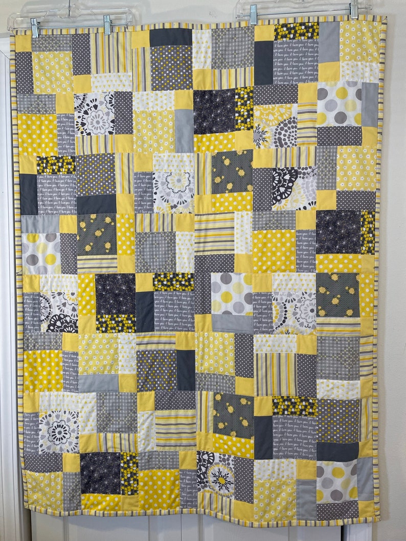 Unique, Handmade Baby Quilt in Shades of Yellow and Gray With Gray and ...