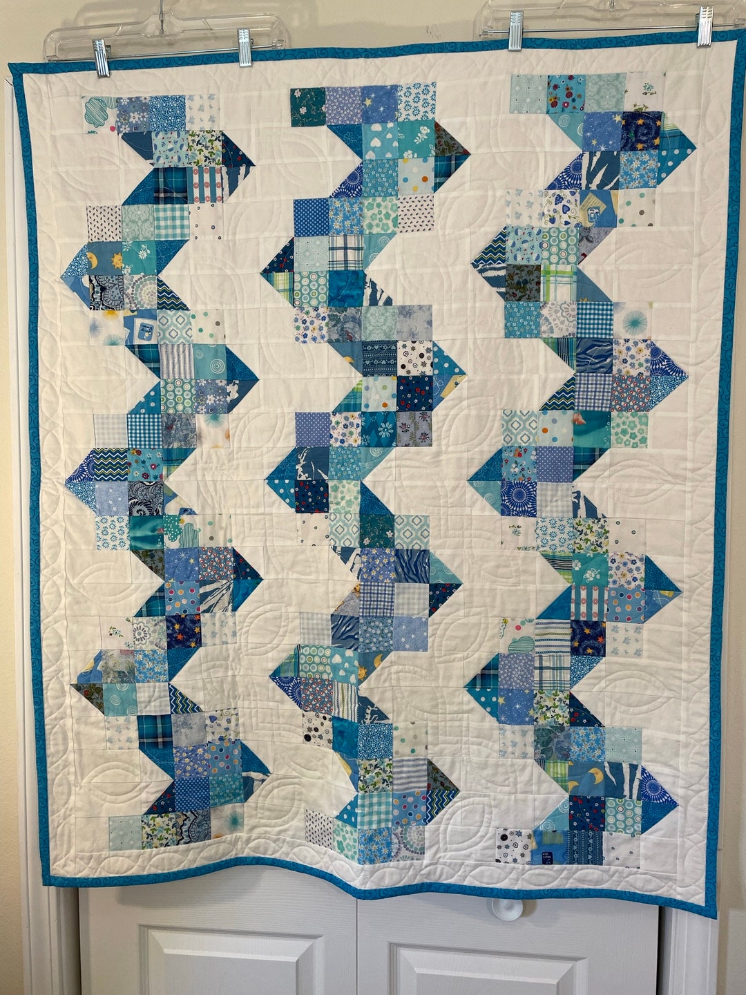 Handmade Blue Patchwork Baby Quilt, Geometric Cotton Blanket (40.5x47 ...