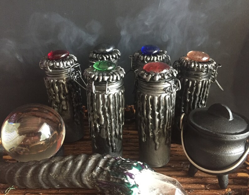 Empty Witchcraft Spell Jar Handmade Pewter Black Glass Jewel Top Hinged ...