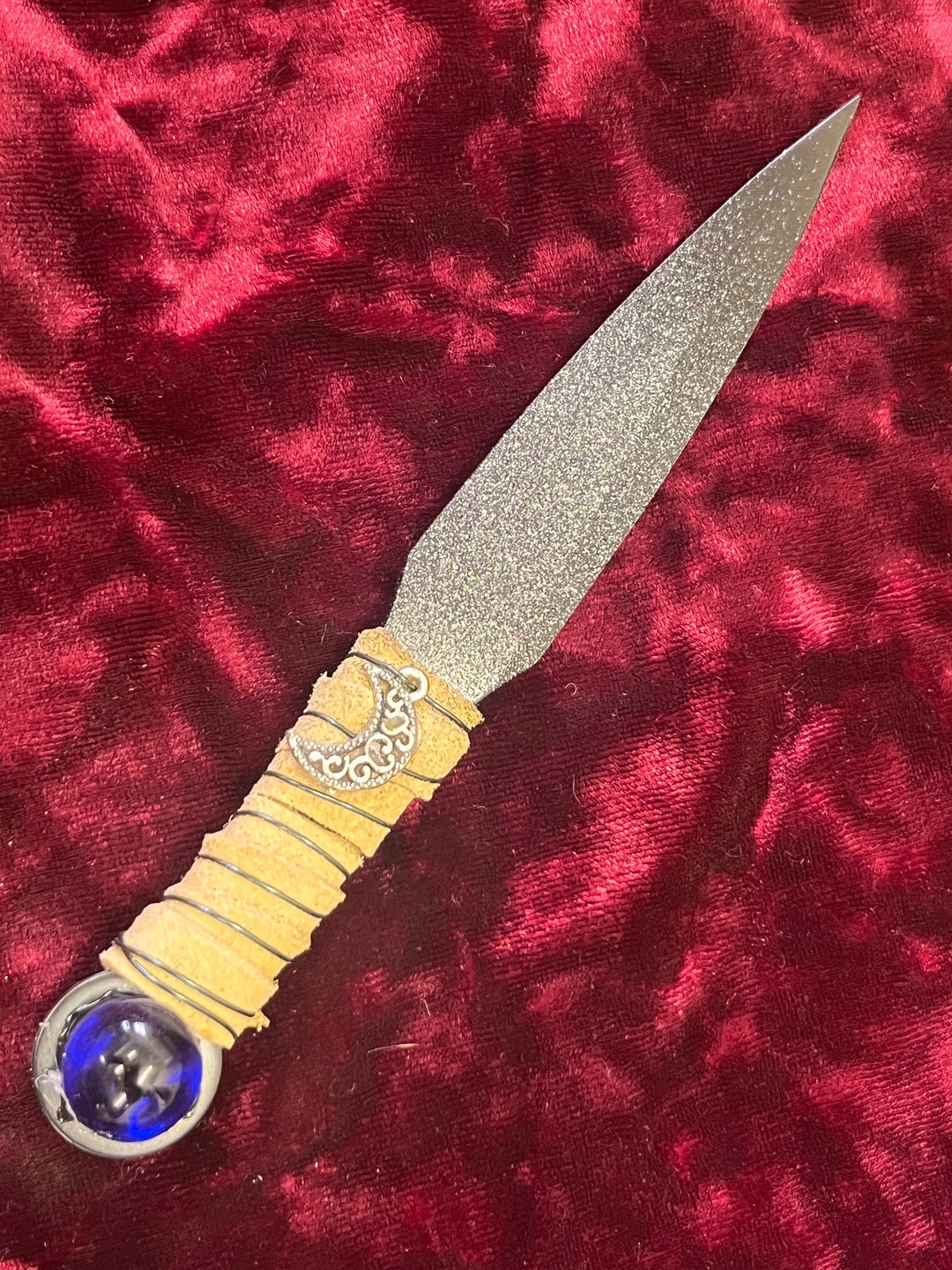 Athame / Dagger - Crescent Moon Leather Wire Wrap Blue Glass Sphere ...