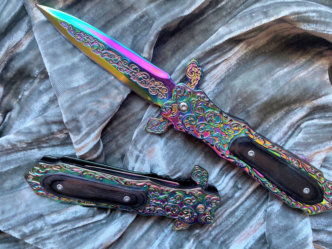 Athame / Dagger - Aurora Borealis Blade Ornate Folding 9 Inch Black ...