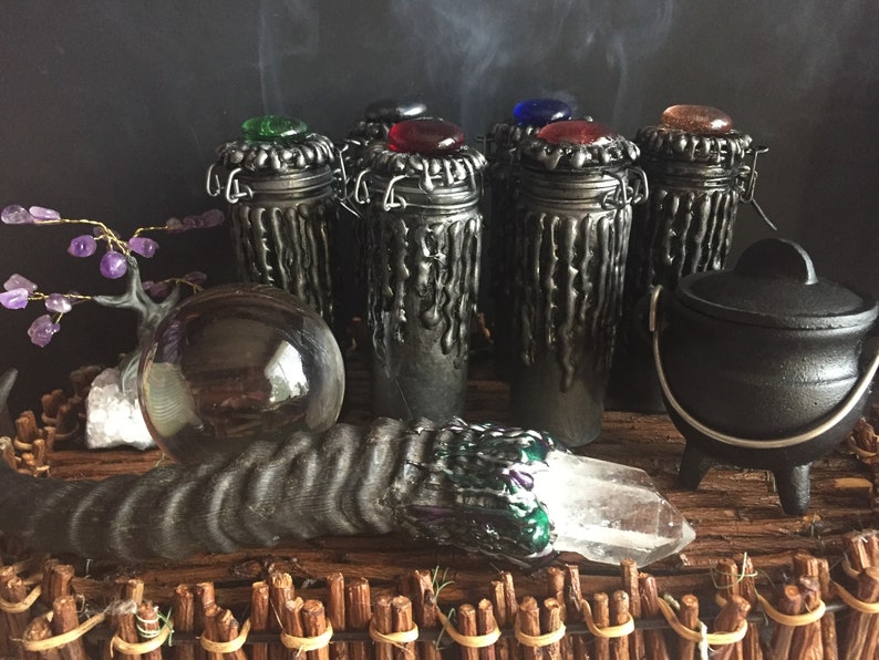 Empty Witchcraft Spell Jar Handmade Pewter Black Glass Jewel Top Hinged ...
