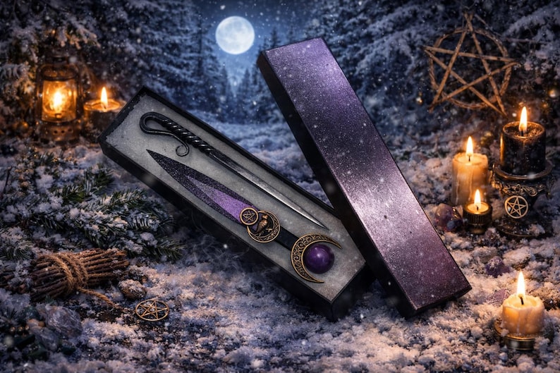 Athame Ritual Dagger - Raven Moon Pentacle Knife - Witchcraft Altar ...