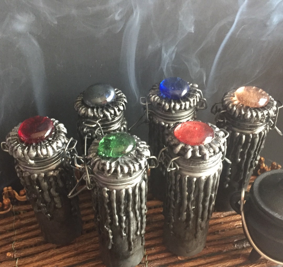 DIY Ritual Witchcraft Spell Jar Handmade Pewter Black Glass Jewel Top ...