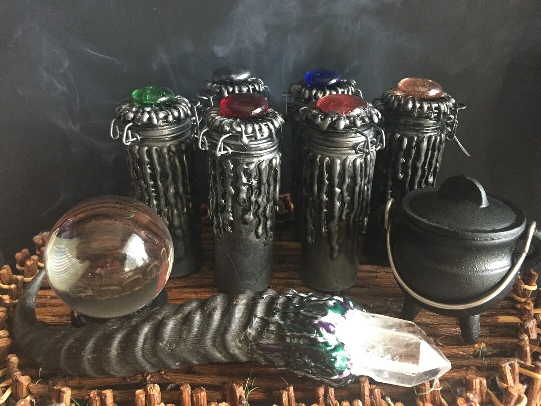 Empty Witchcraft Spell Jar Handmade Pewter Black Glass Jewel Top Hinged ...