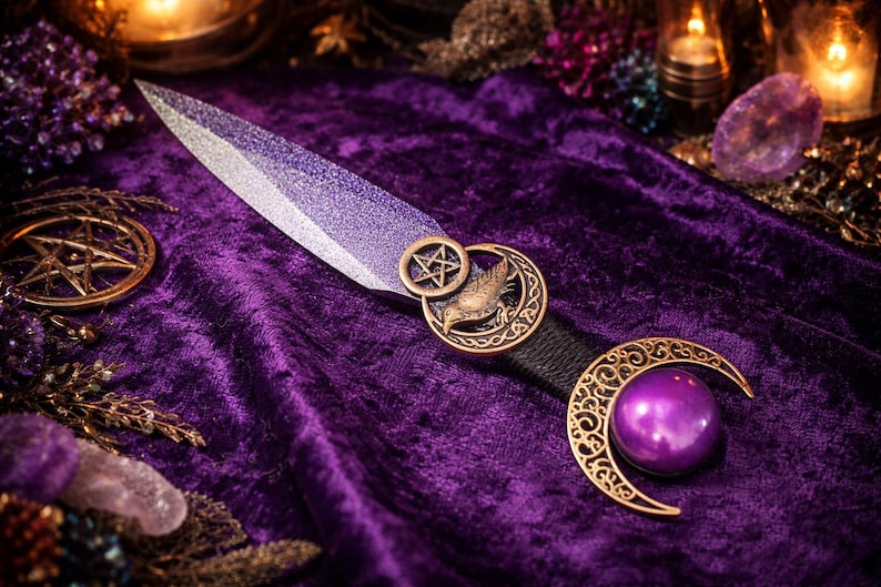 Athame Ritual Dagger - Raven Moon Pentacle Knife - Witchcraft Altar ...