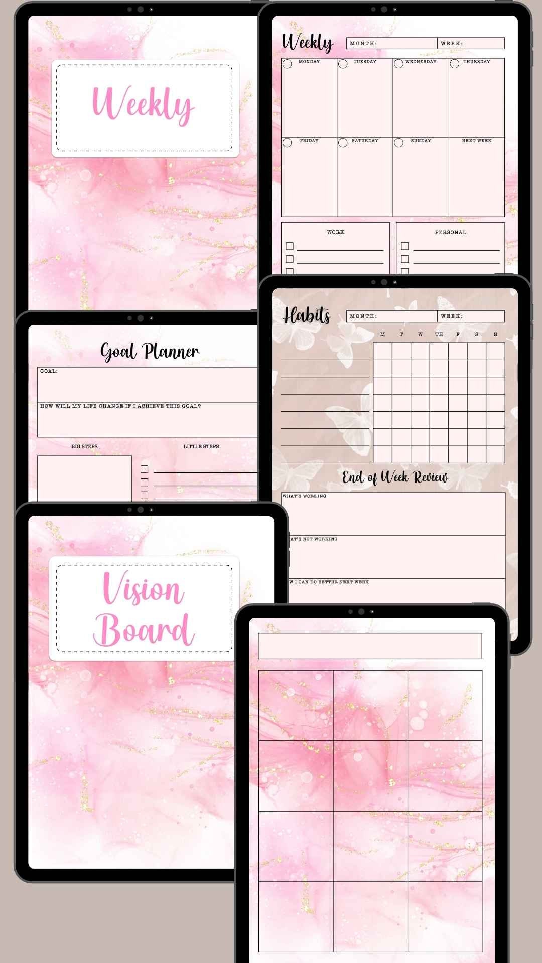 Pink Digital Planner With Butterfly and Delicate Pearl (undated ...