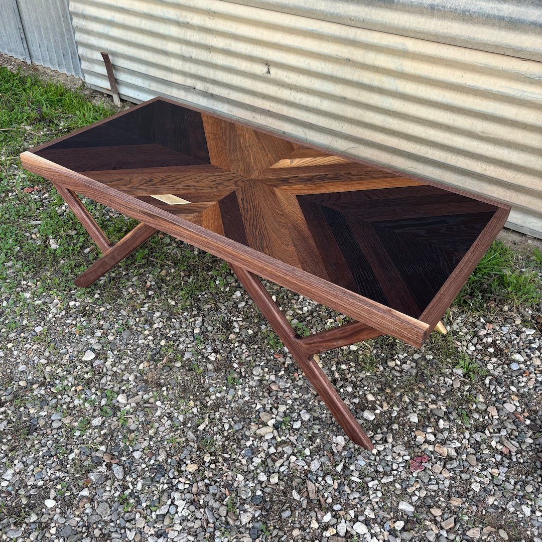 Brass Inlay Coffee Table DUELA Oak Stave Tabletop With Walnut Legs - Etsy