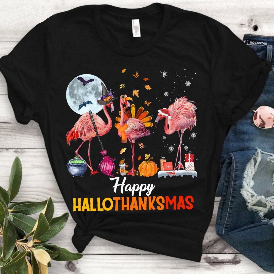 Happy Thanksgiving Flamingo Happy Hallothanksmas T-shirt, Cute Flamingo ...