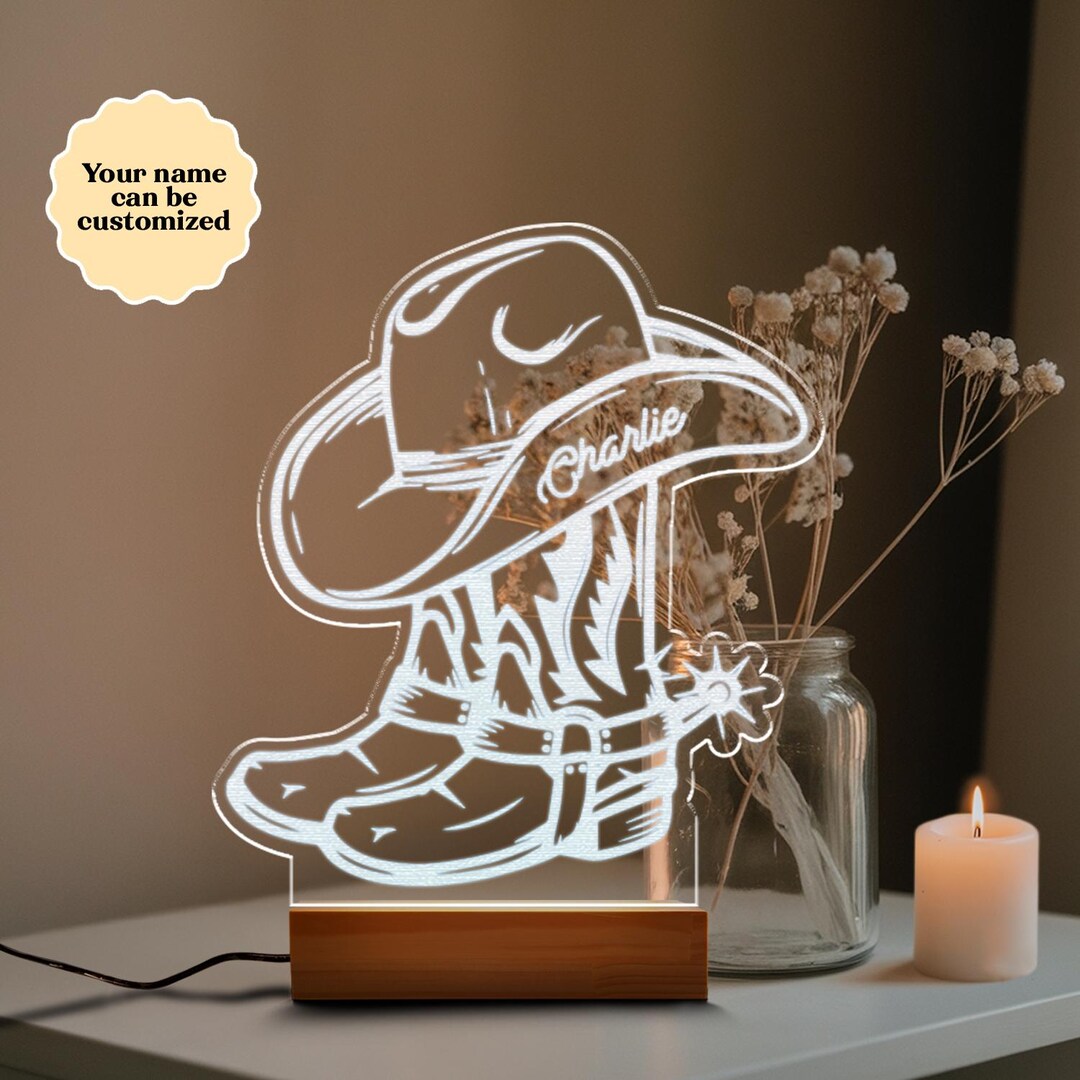 Personalized Cowboy Boots and Hats Acrylic Night Led Light, Custom Name ...