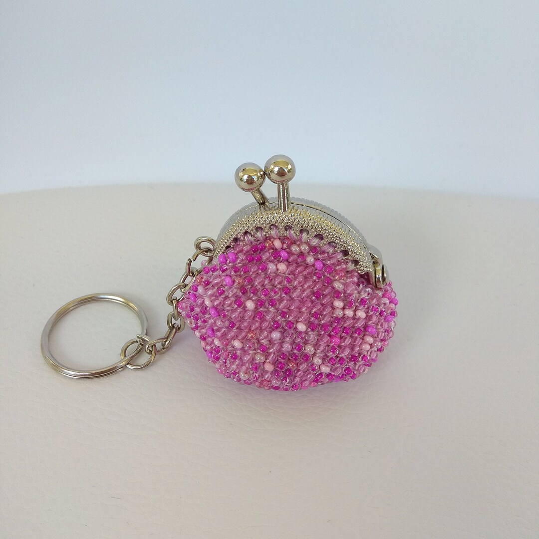 Tiny Pink Crochet Beaded Keychain Kiss Lock Coin Purse With - Etsy