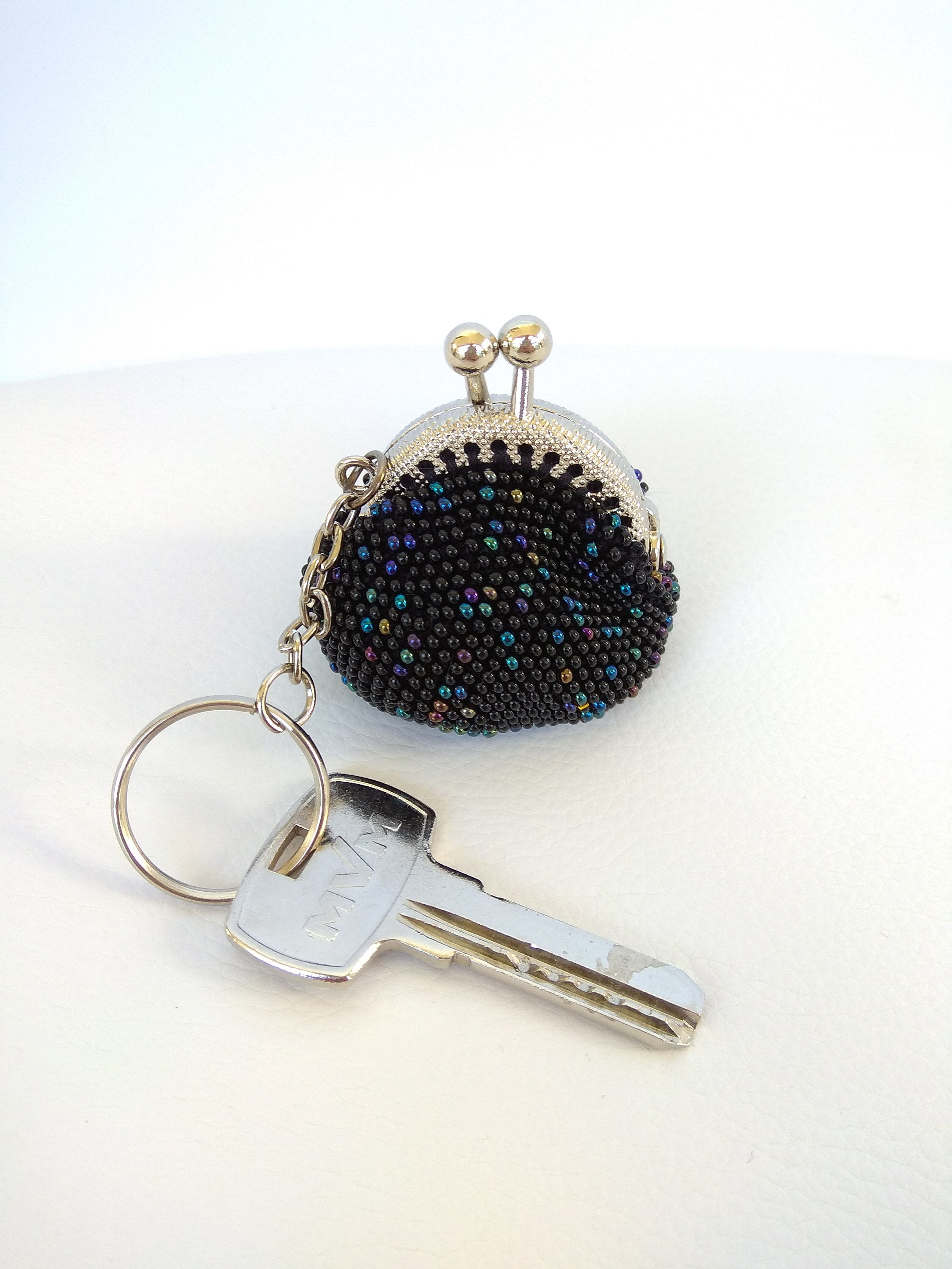 Tiny black crochet beaded keychain kiss lock coin purse with | Etsy