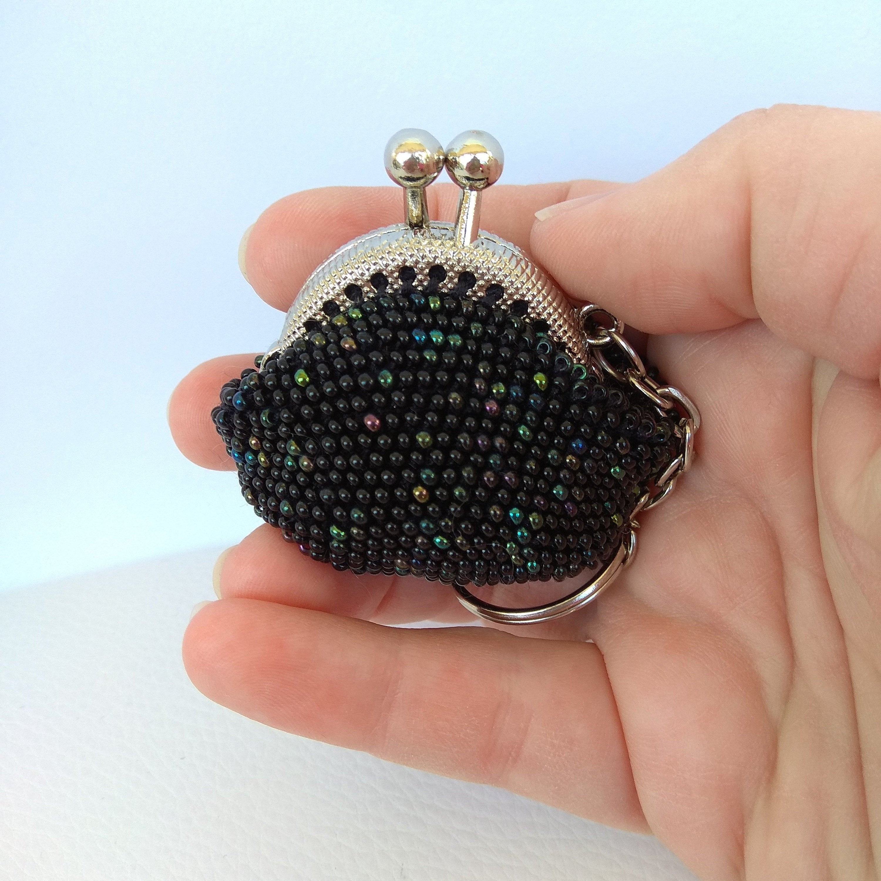 Small black gothic emo style crochet beaded coin purse with | Etsy