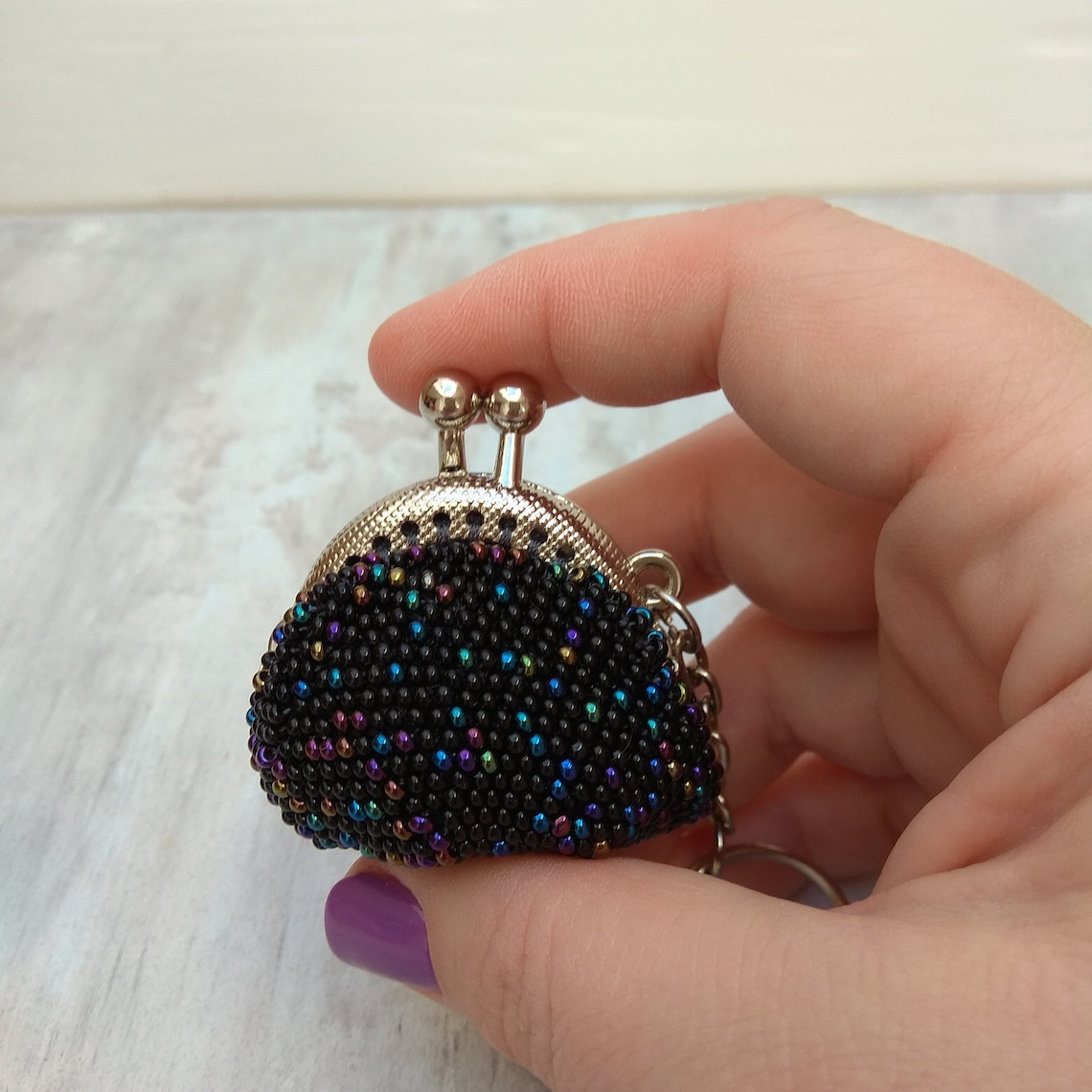 Small Black Gothic Emo Style Crochet Beaded Coin Purse With - Etsy