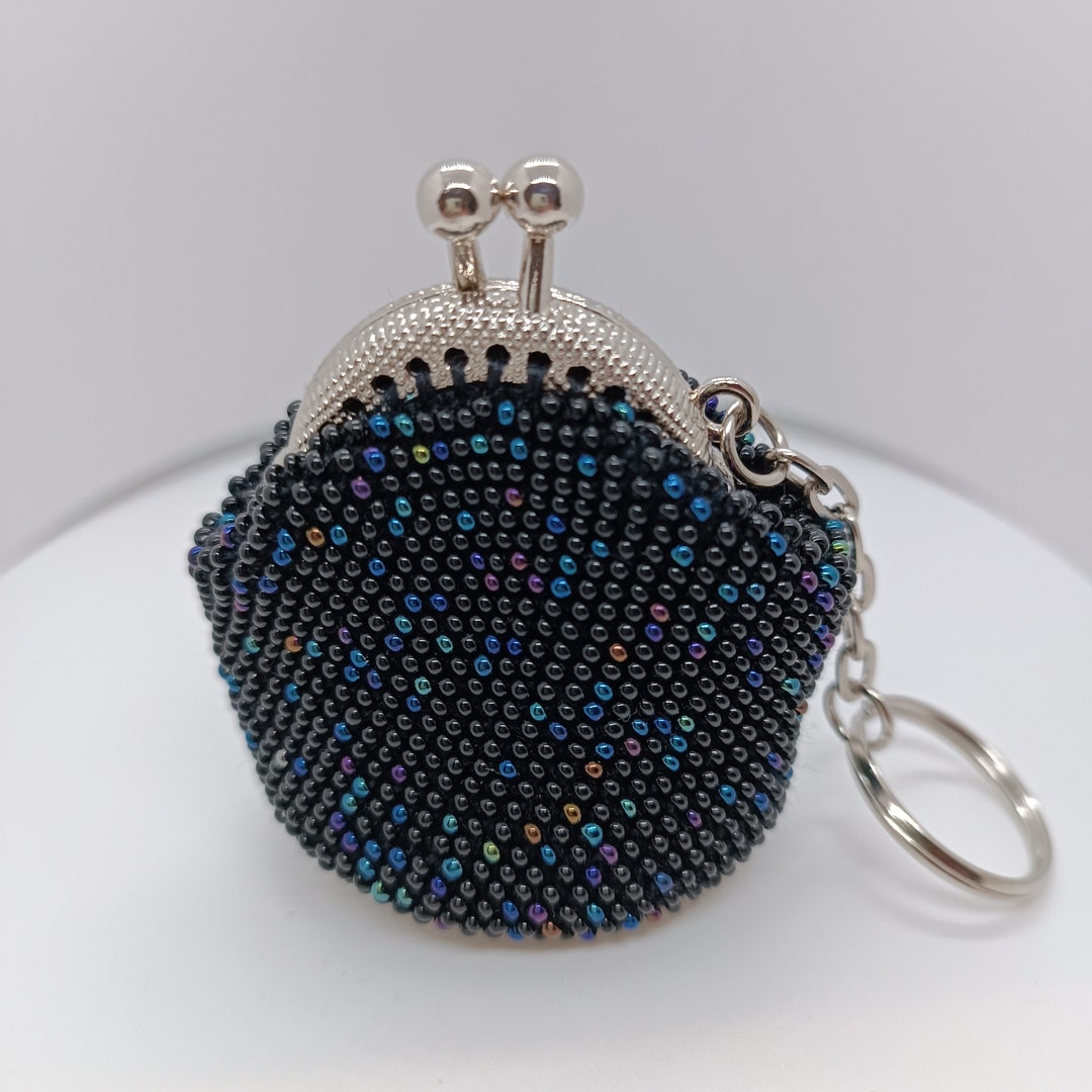 Tiny Black Crochet Beaded Keychain Kiss Lock Coin Purse With Metal ...