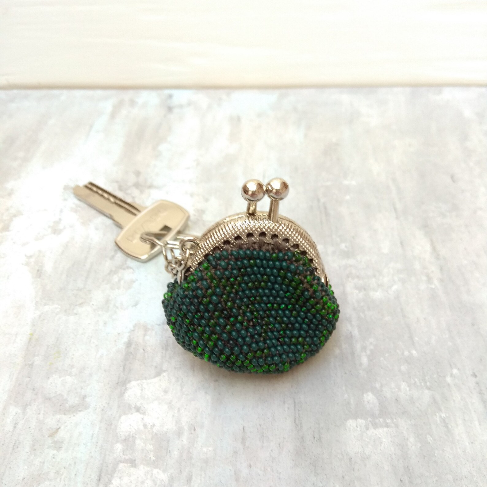 Tiny Dark Green Crochet Beaded Keychain Kiss Lock Coin Purse - Etsy