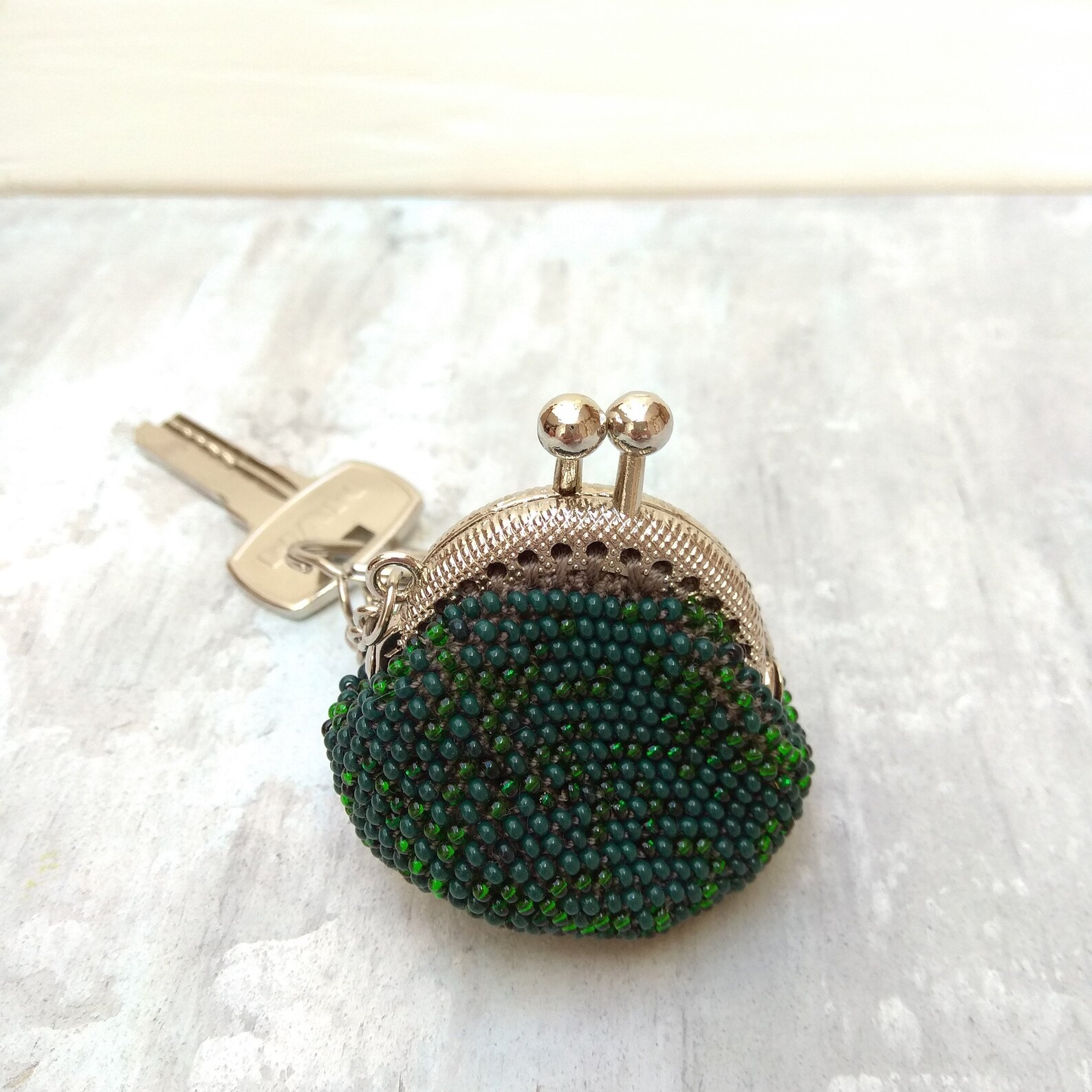 Tiny Dark Green Crochet Beaded Keychain Kiss Lock Coin Purse - Etsy