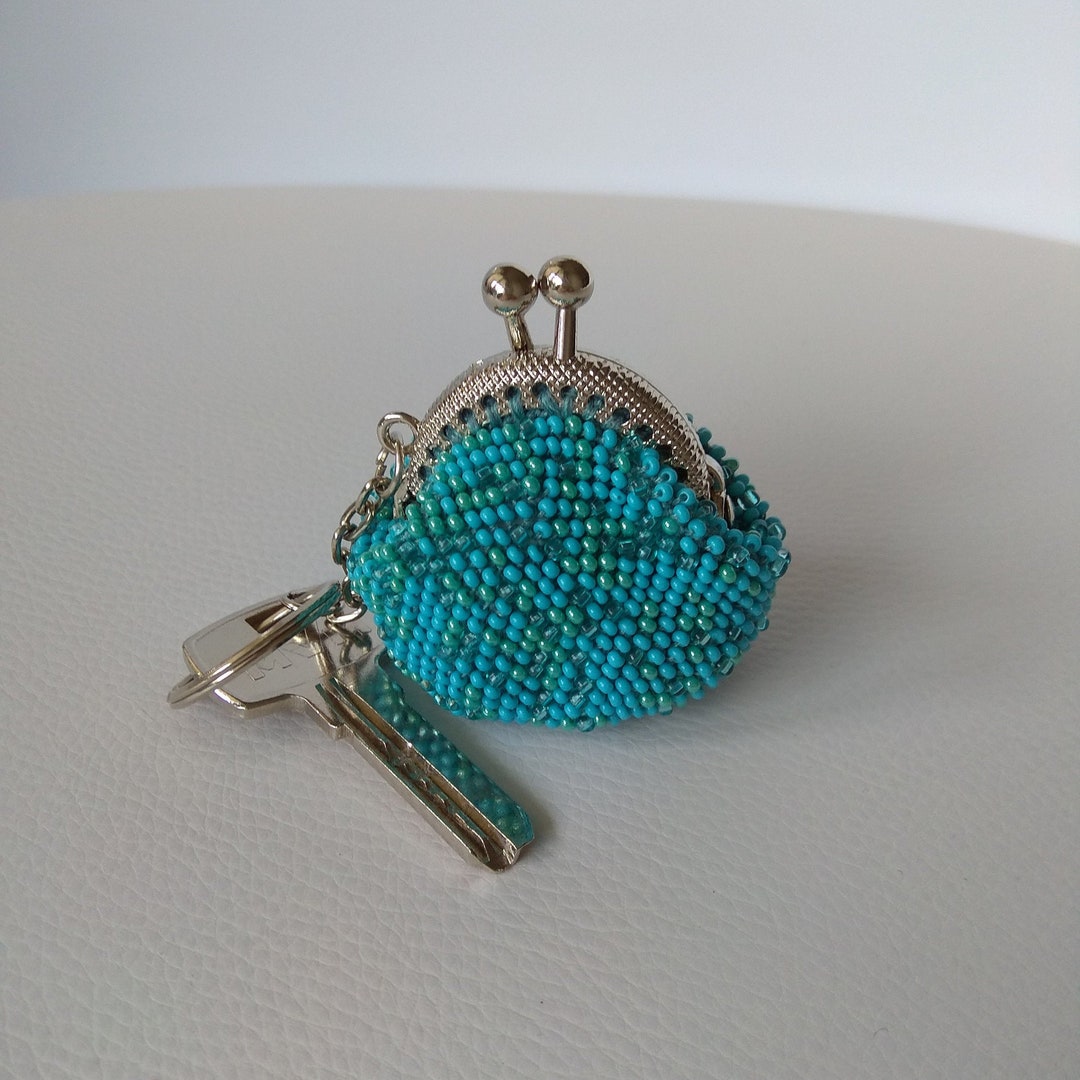 Opaque Azure Cute Tiny Crochet Beaded Coin Purse With Kiss Lock, Small ...