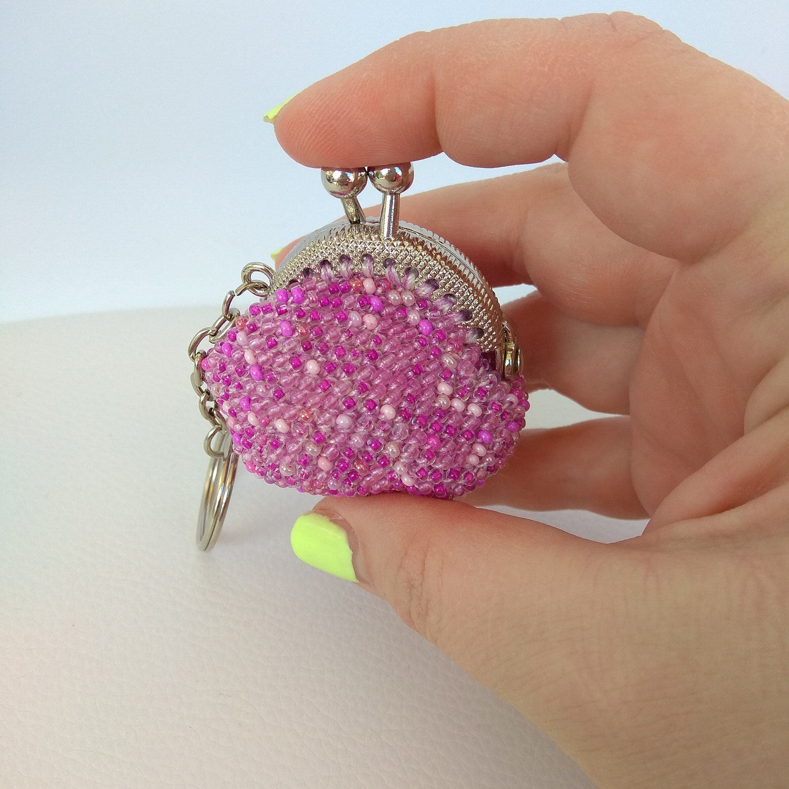 Tiny Pink Crochet Beaded Keychain Kiss Lock Coin Purse With - Etsy