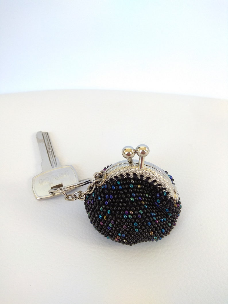 Tiny black crochet beaded keychain kiss lock coin purse with | Etsy