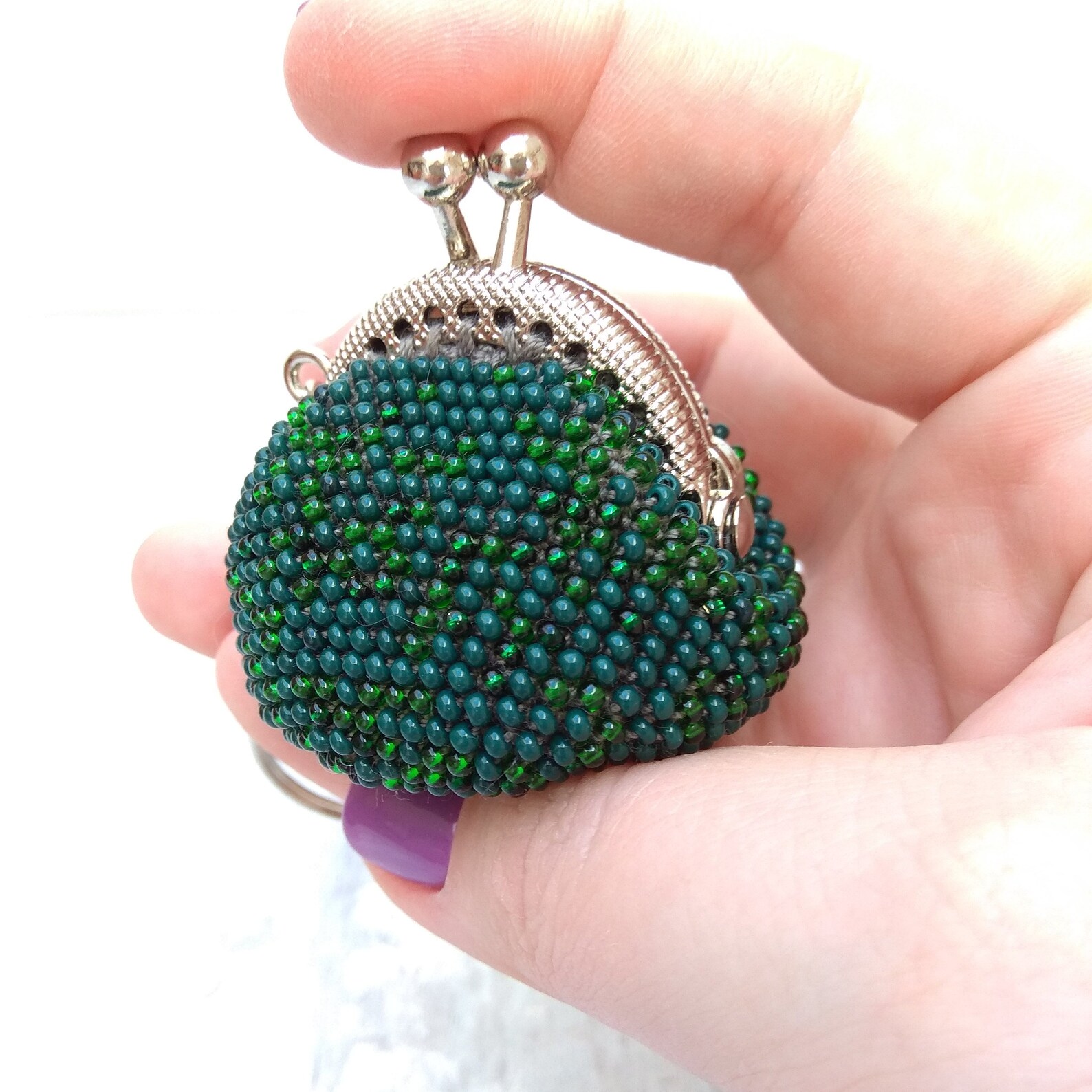Tiny Dark Green Crochet Beaded Keychain Kiss Lock Coin Purse - Etsy