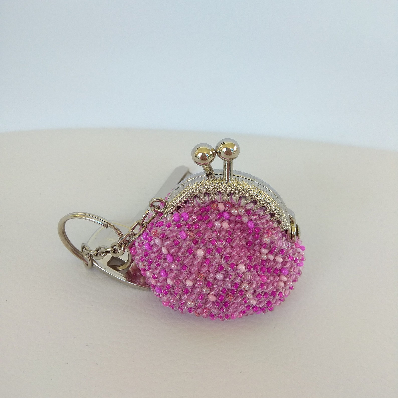 Tiny Pink Crochet Beaded Keychain Kiss Lock Coin Purse With - Etsy