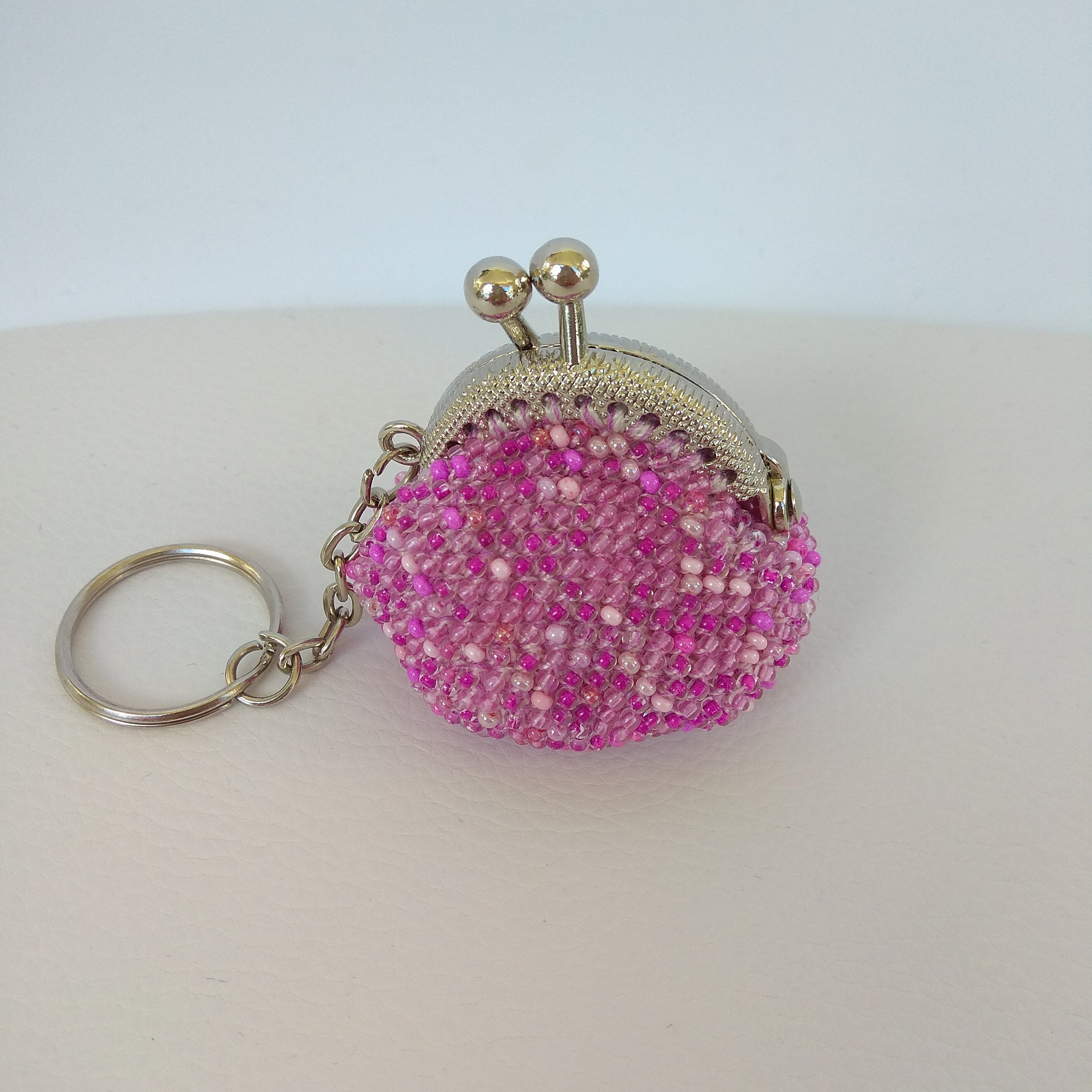 Tiny pink crochet beaded keychain kiss lock coin purse with | Etsy
