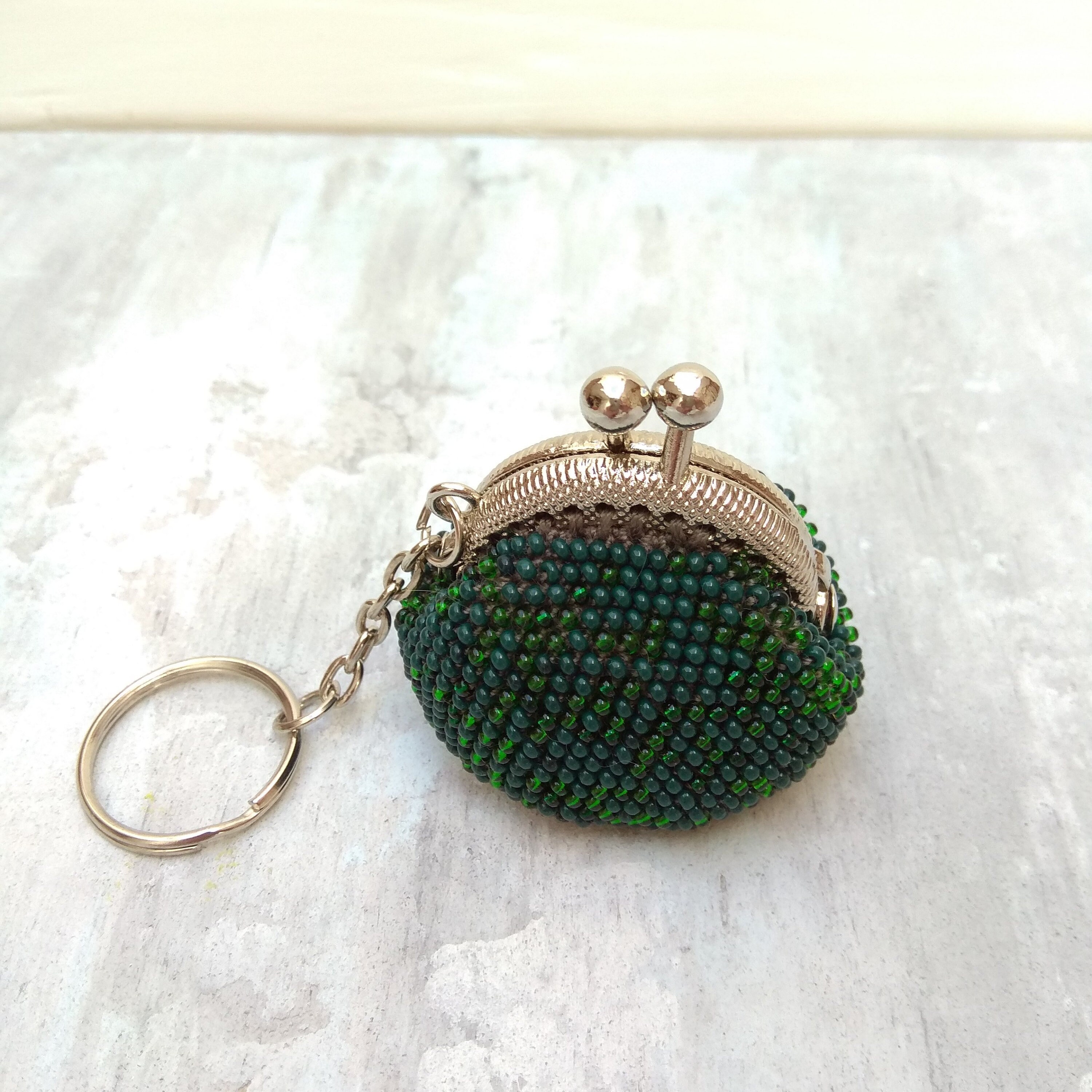 Tiny Dark Green Crochet Beaded Keychain Kiss Lock Coin Purse - Etsy