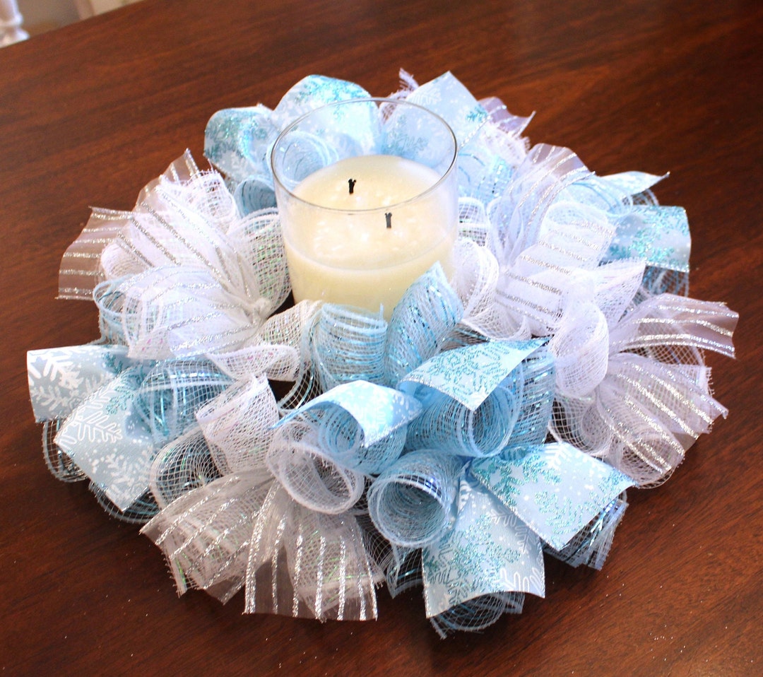 14 or 18 Snowflakes Centerpiece Light Blue & Silver Wreath, Candle Ring ...