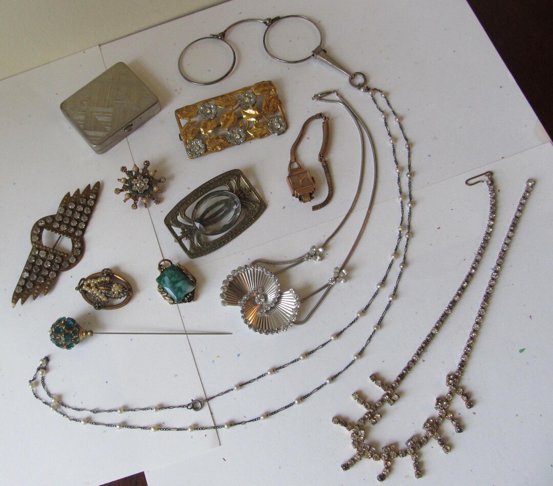 Lot Antique ART DECO 1940s Estate JEWELRY Rhinestones Sterling ...