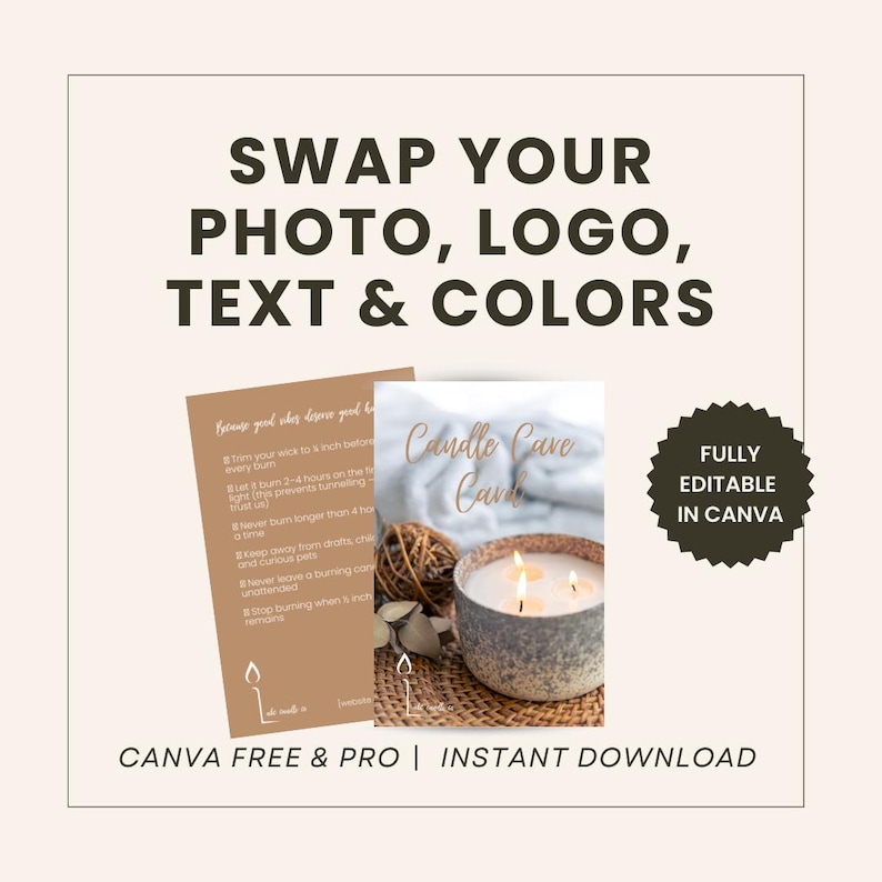 Editable Candle Care Card Template | 4x6 Canva Packaging Insert ...