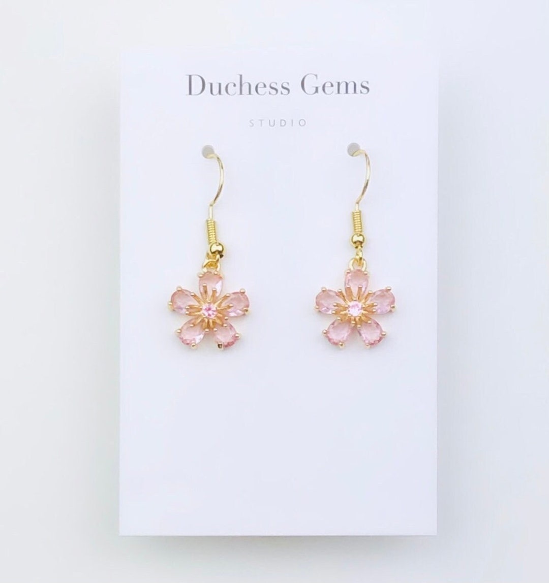 Sakura Pink Glass Crystal Earrings, Dangle Charm Earrings, Pink Cherry ...