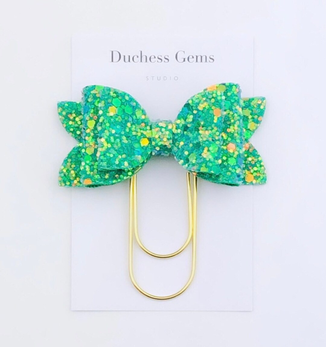Iridescent Green Glitter Bow Paper Clip Bookmark, Chunky Glitter Chloe ...