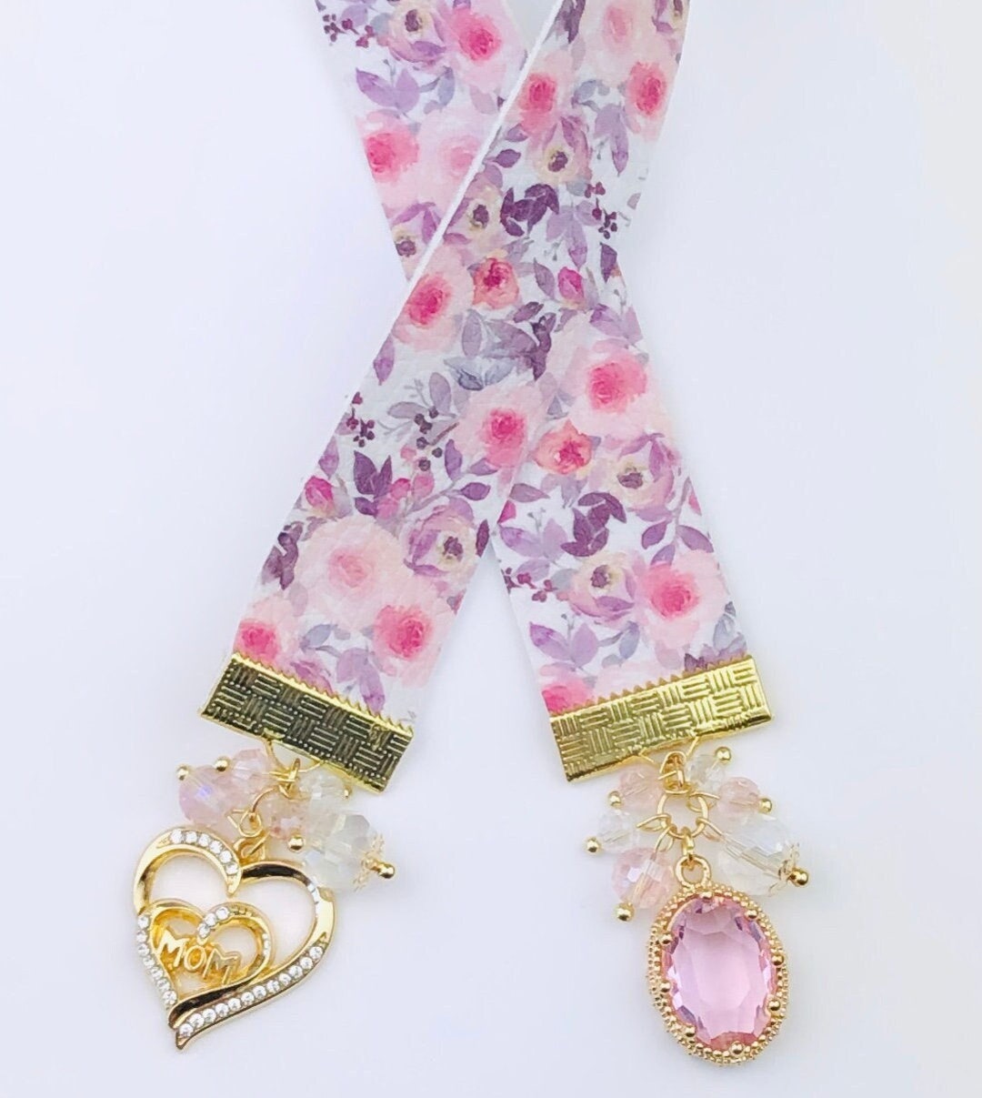 Pink Heart Floral Glass Crystal Charm Bookmark, Mom Crystal Beads ...