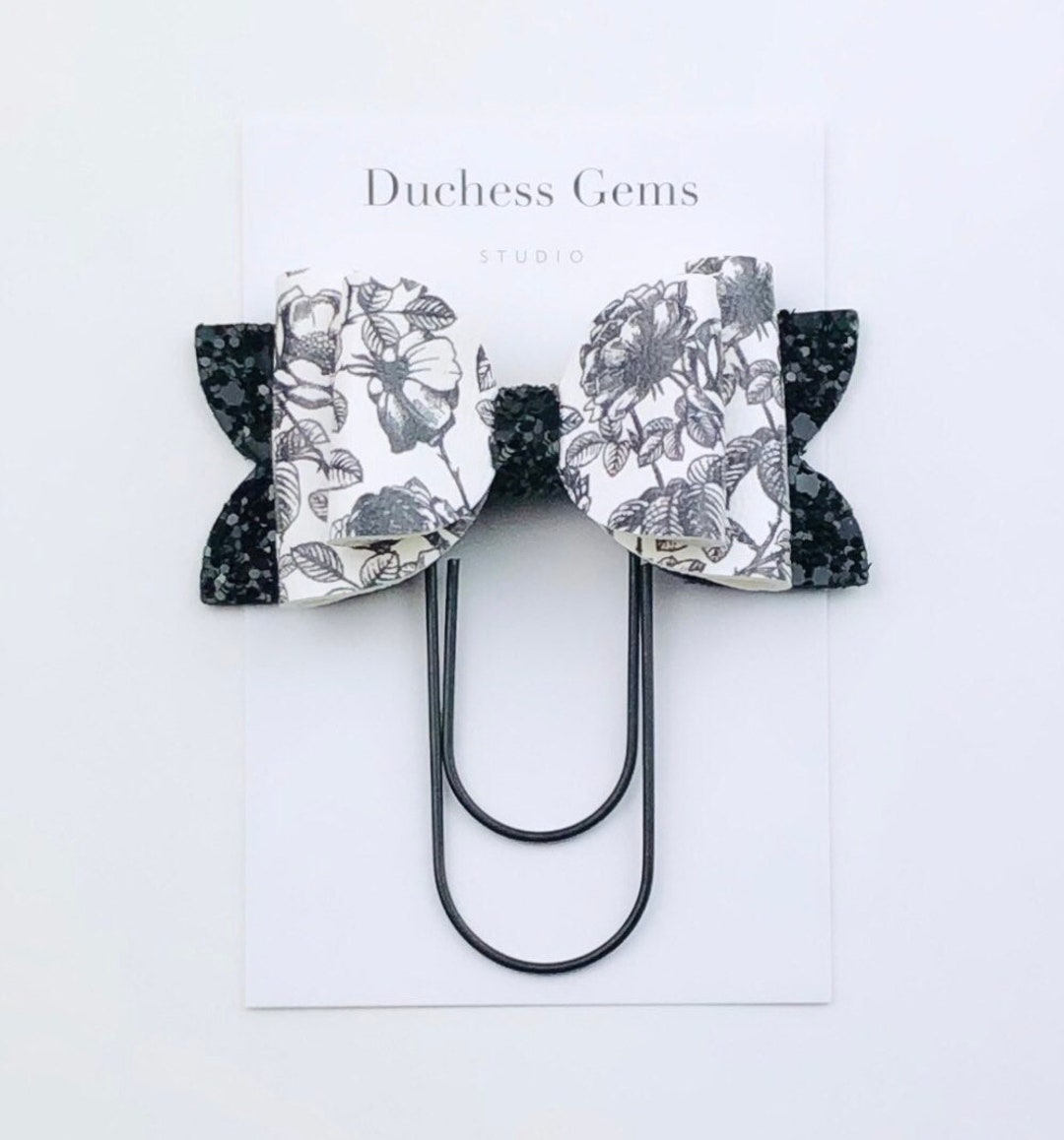 Black and White Floral Chloe Bow Paper Clip, Flower Glitter Bow ...
