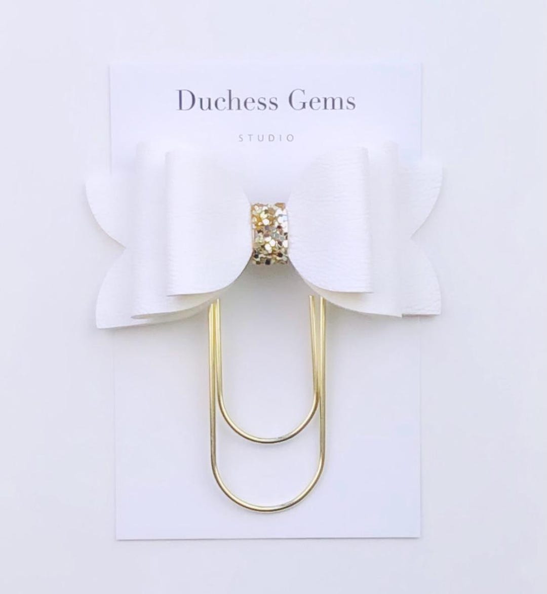 White Bow Paper Clip, Faux Leather Planner Bow Paperclip Bookmark ...