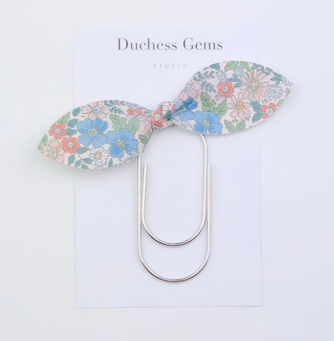 Blue Floral Top Knot Fabric Paper Clip, Bow Paperclip Bookmark, Jumbo ...