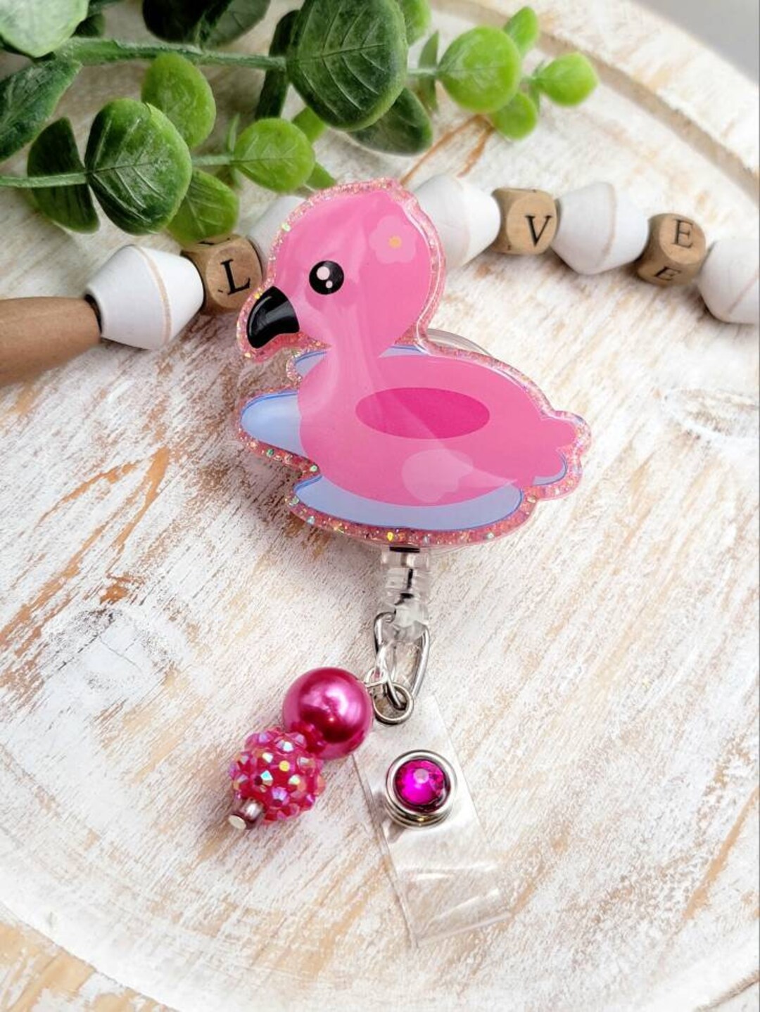 Flamingo Floatie Badge Reel With Beads and a Matching Gem in Pink RN ID ...