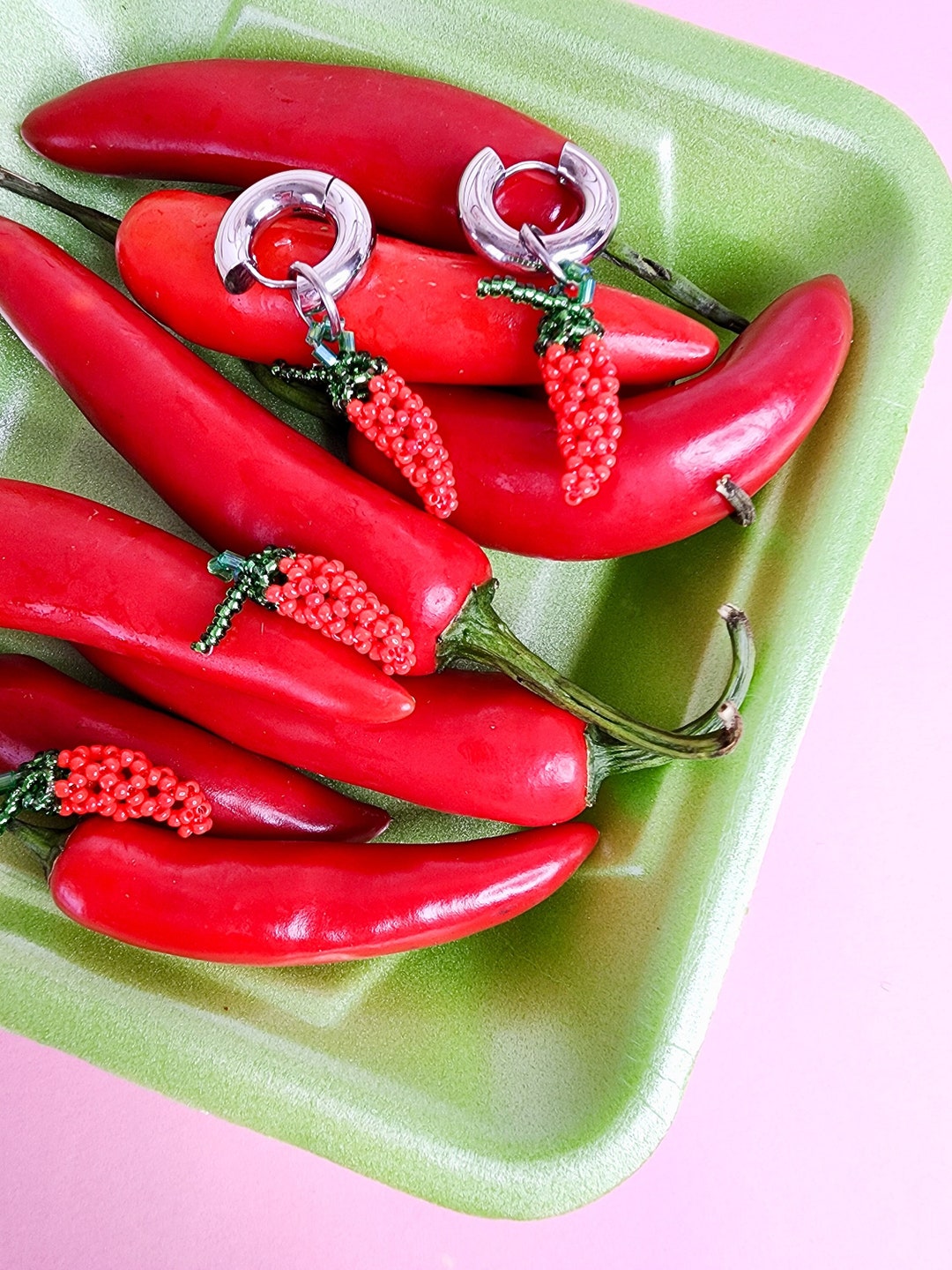 Beaded Chili Pepper Hoop Earrings, 3D Handmade Beads Fruit Earrings, Stainless Steel Hoop ...