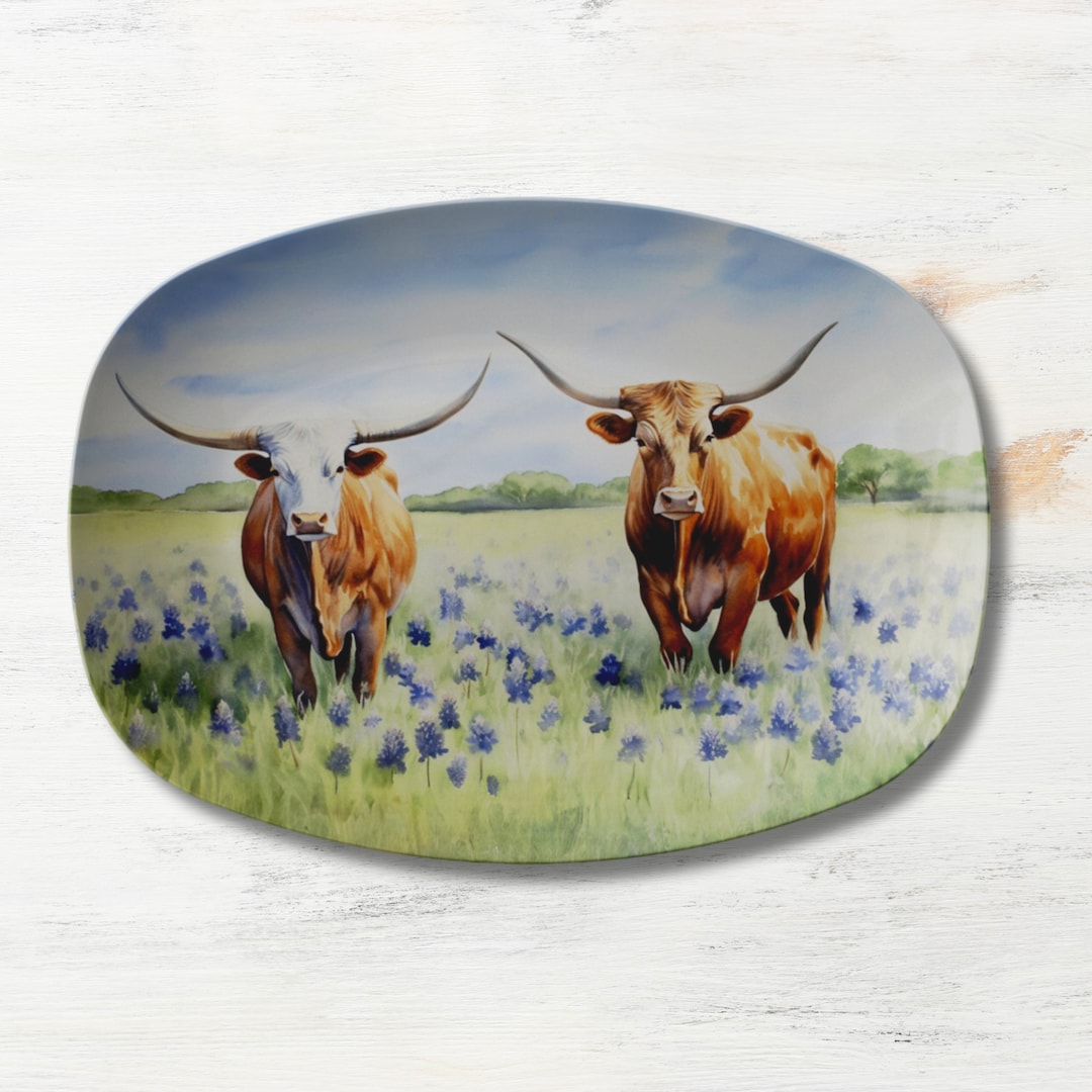 Texas Longhorn Cattle in A Field of Bluebonnet Serving Platter ...