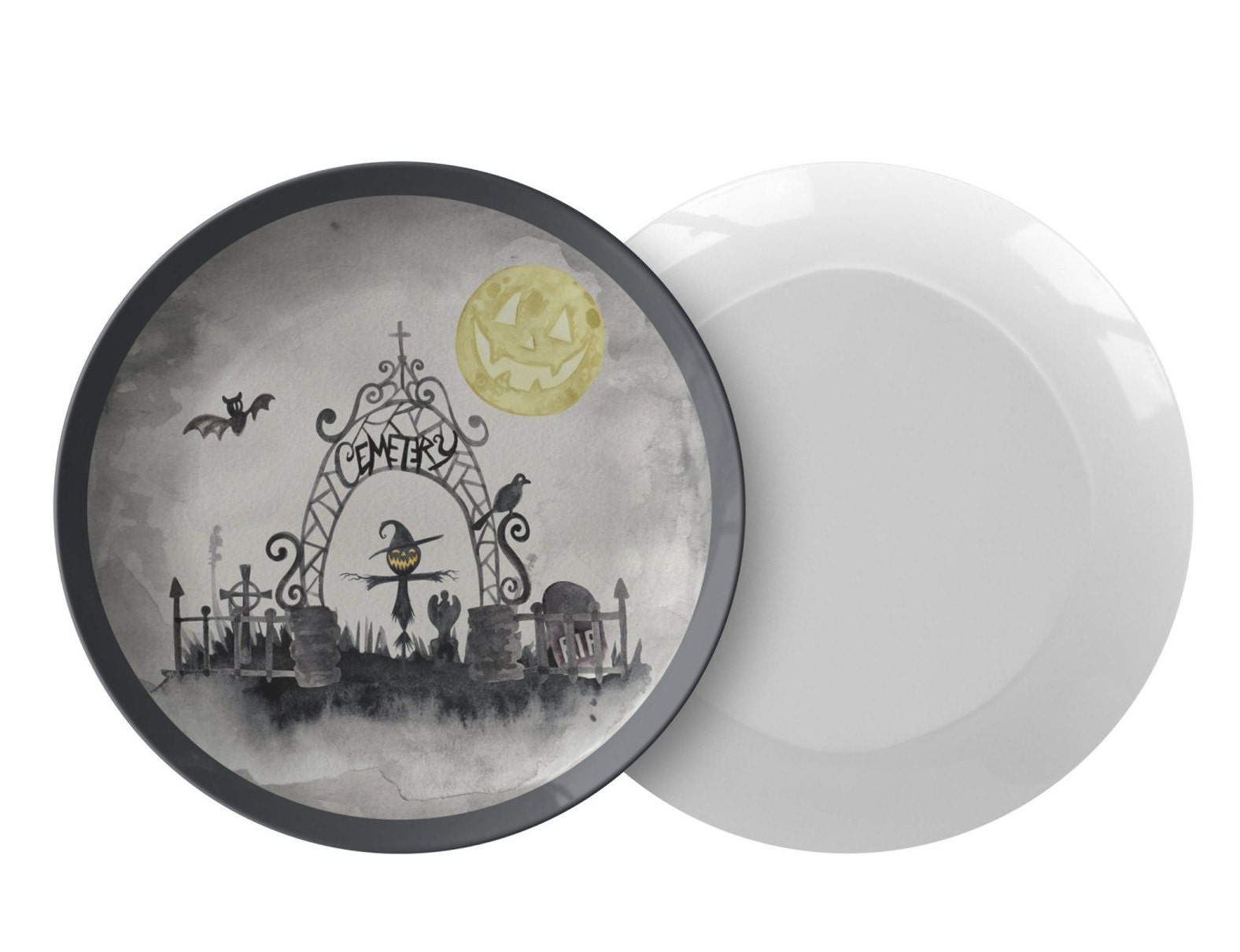 Halloween Spooky Cemetary Plate With Scarecrow Bats and Tombstones ...