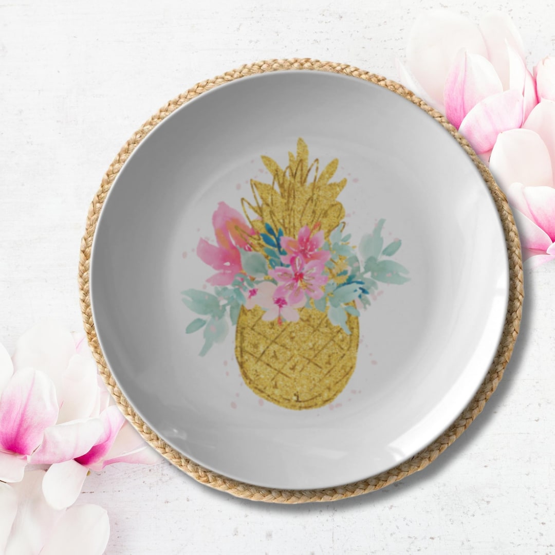 Golden Floral Pineapple Plate, Pineapple Dinnerware, Pink and Gold ...
