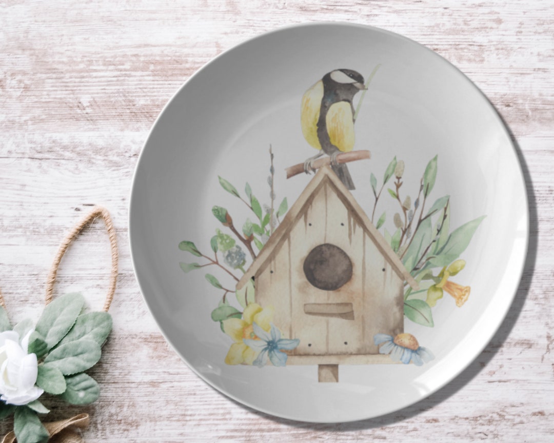 Bird on Birdhouse Plate, Spring Plates, Bird Dinnerware, Easter Plate ...