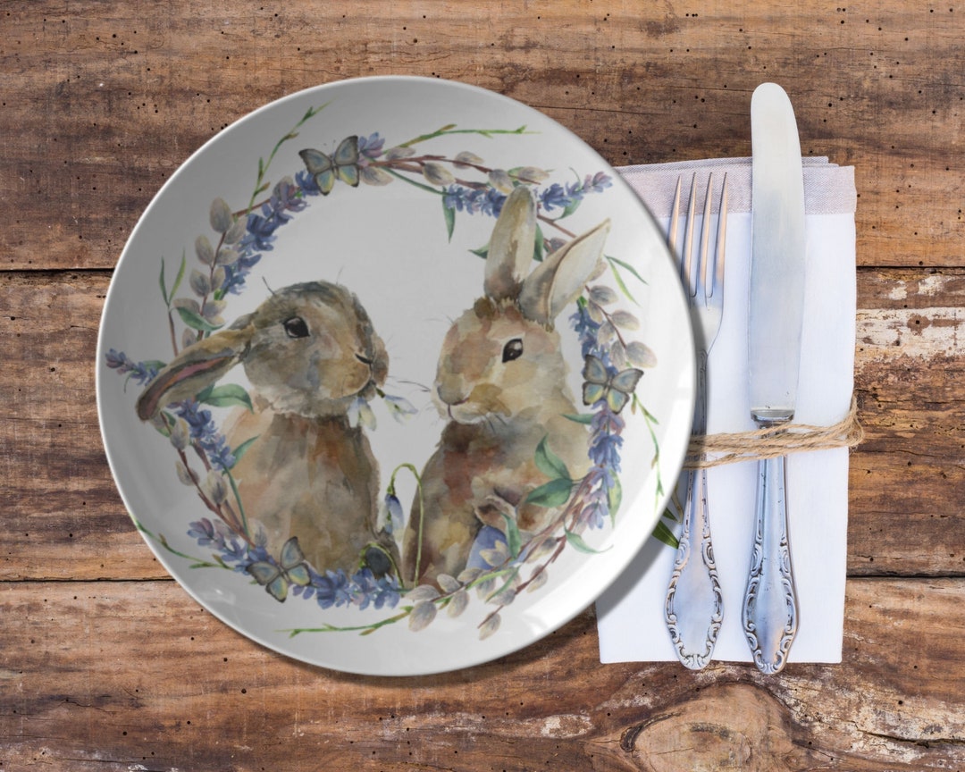 Spring Bunnies Dinner Plate Easter Rabbits Plate Set Flower Wreath Dinner Plate Set Bunny Themed ...
