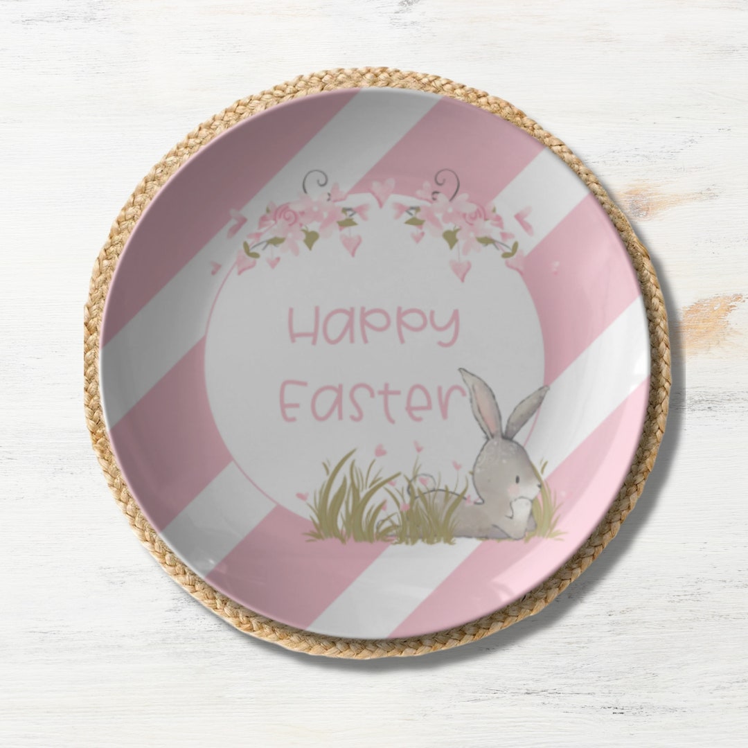 Happy Easter Bunny Plates, Easter Dinnerware, Pink & White Easter Table ...