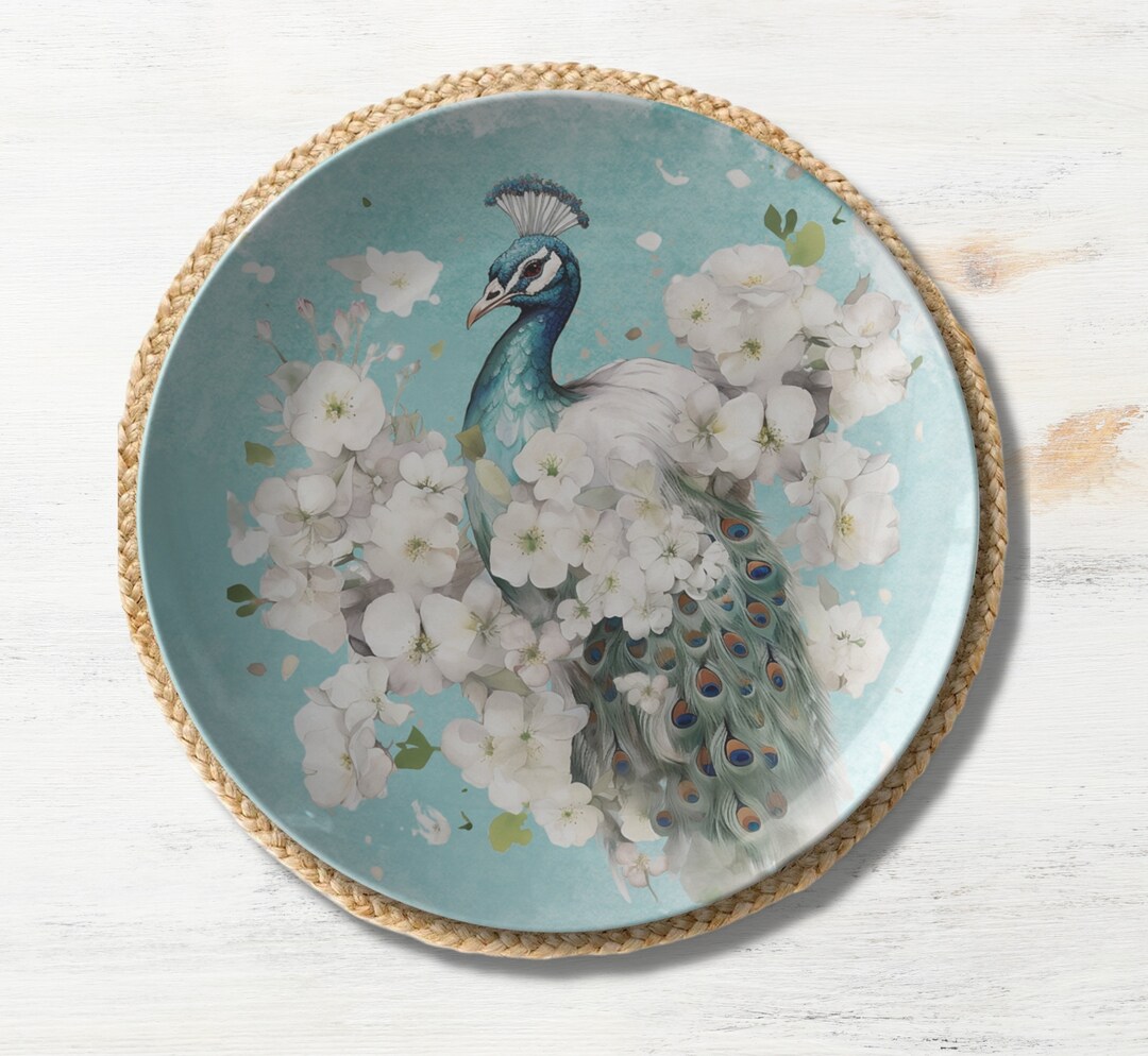 Peacock Dinner Plate - White Floral and Teal Peacock Dinnerware - Bird ...