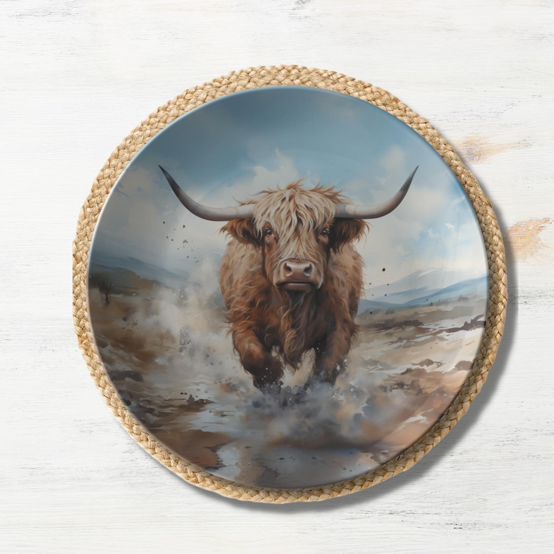 Highland Cow Plate - Cow Dinnerware, Highland Cow Watercolor Table ...